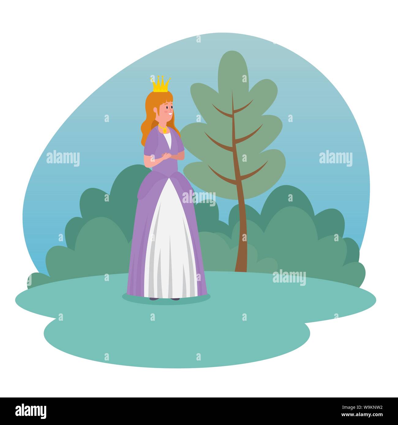 girl princess with crown and dress next to tree and bushes Stock Vector ...