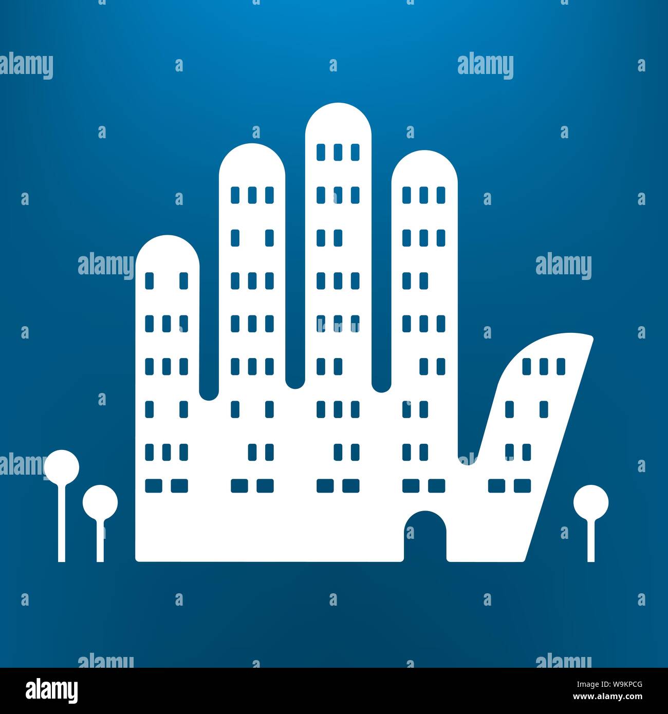 Vector illustration. Hand icon in white as a building. Community symbol ...