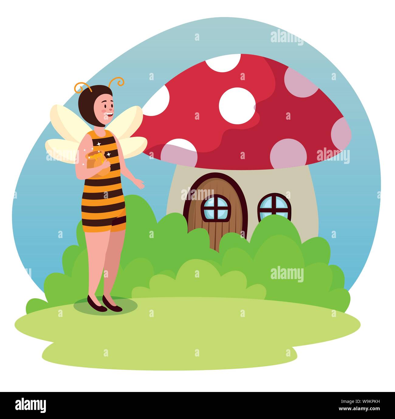 girl bee fairy with fungus house and bushes Stock Vector Image & Art ...
