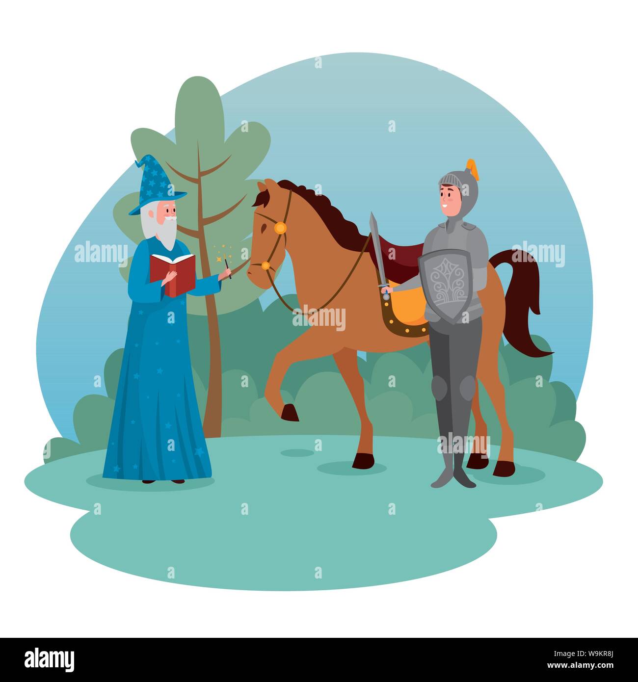 sir with royal horse and wizard with book and magic wand Stock Vector ...