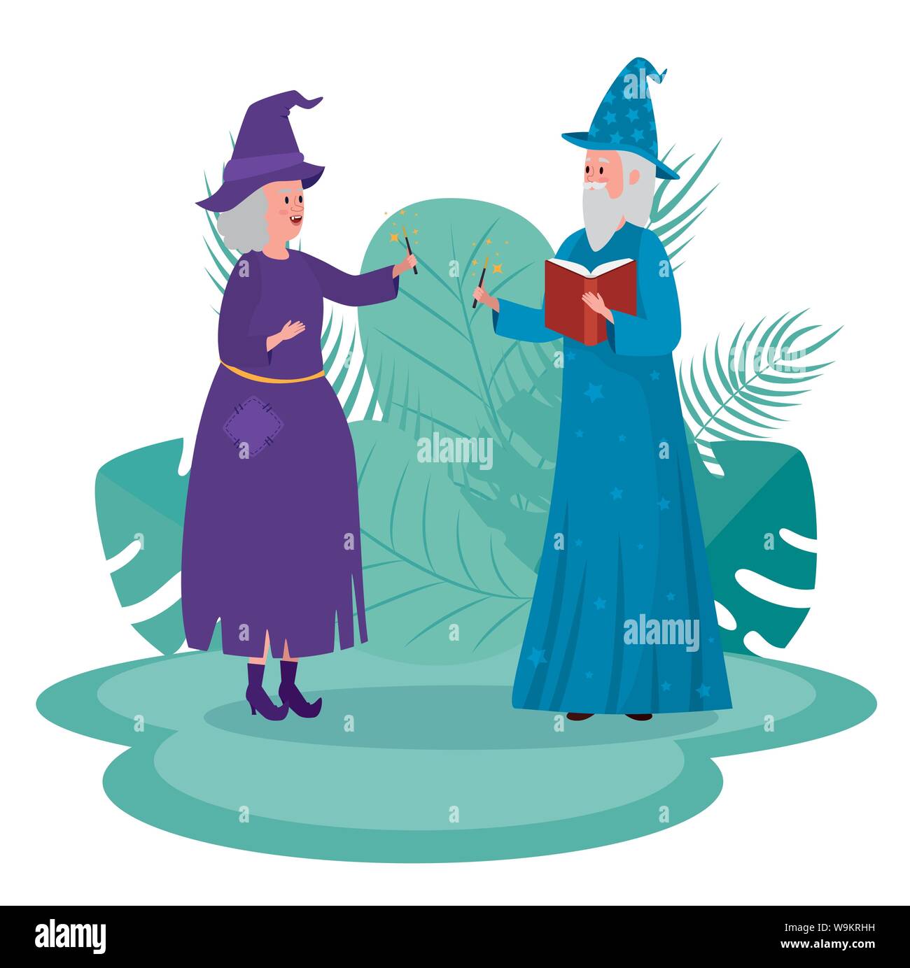 old woman witch and man wizard with magic wand Stock Vector Image & Art ...