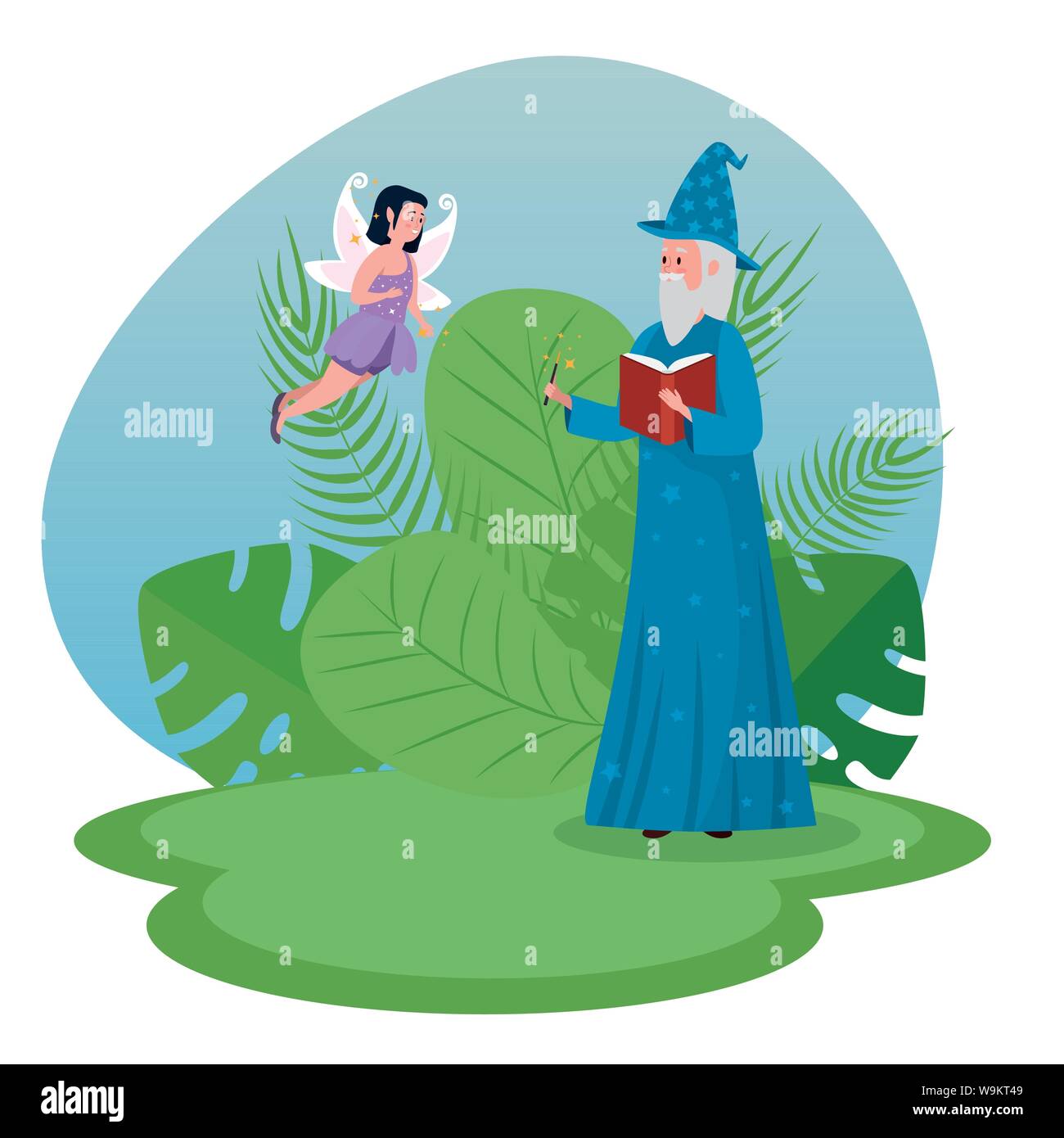 old man wizard with book and girl fairy flying Stock Vector Image & Art ...