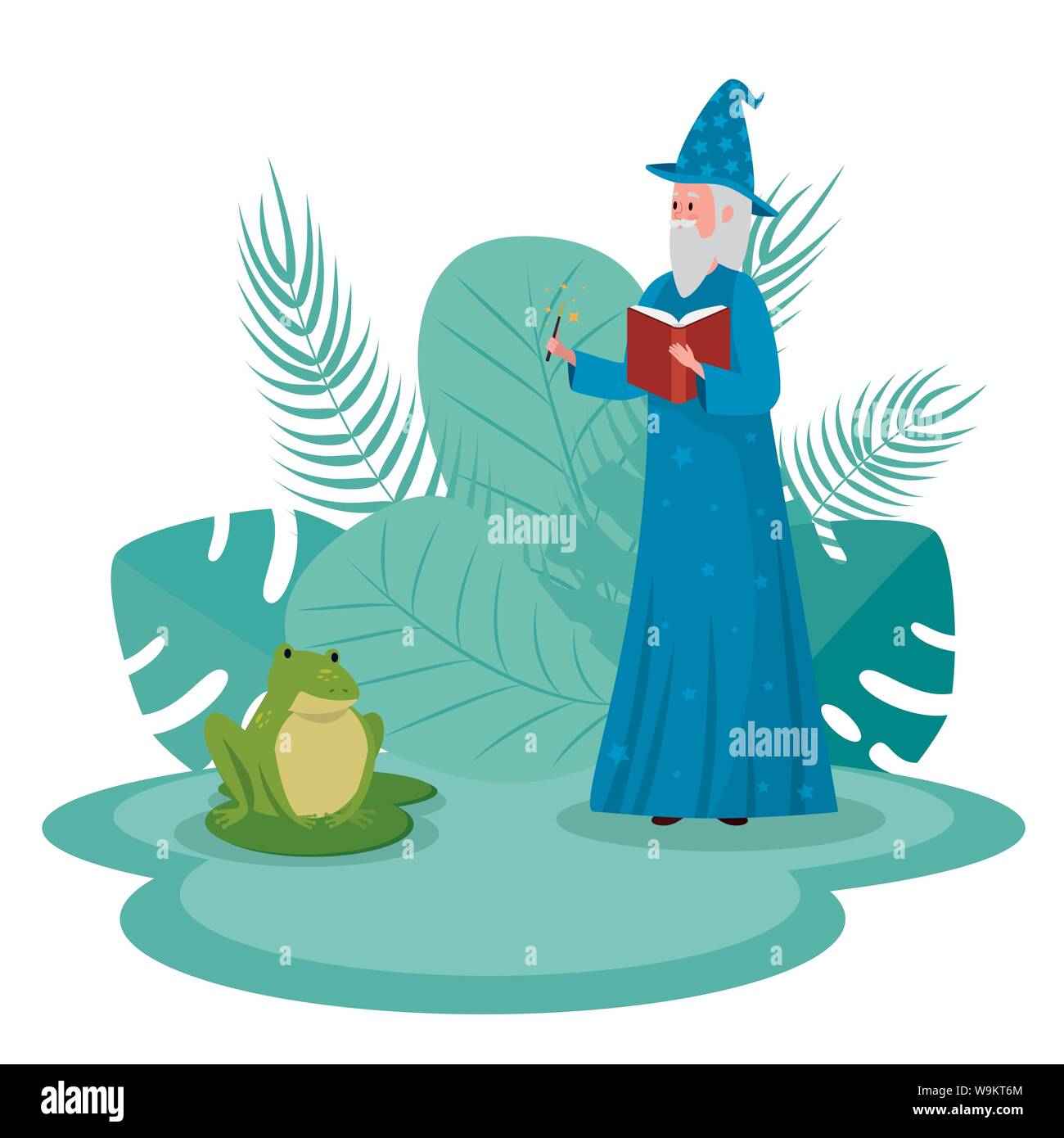 old man wizard with magic wand and frog Stock Vector Image & Art - Alamy