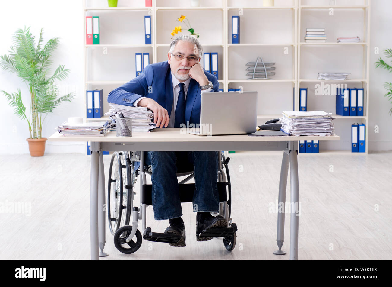 The aged employee in wheelchair working in the office Stock Photo - Alamy