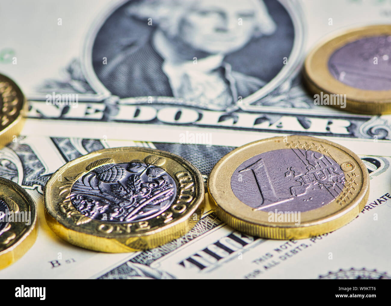 British Pound, Euro coins and US Dollar banknotes in a horizontal color ...