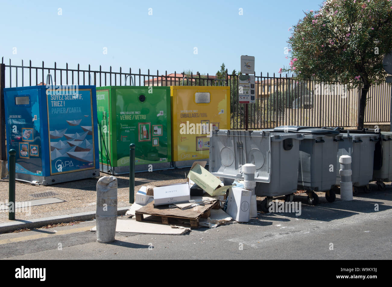 Ajaccio, corsica, 2019-08-France.. large coloured recycle street bins ...