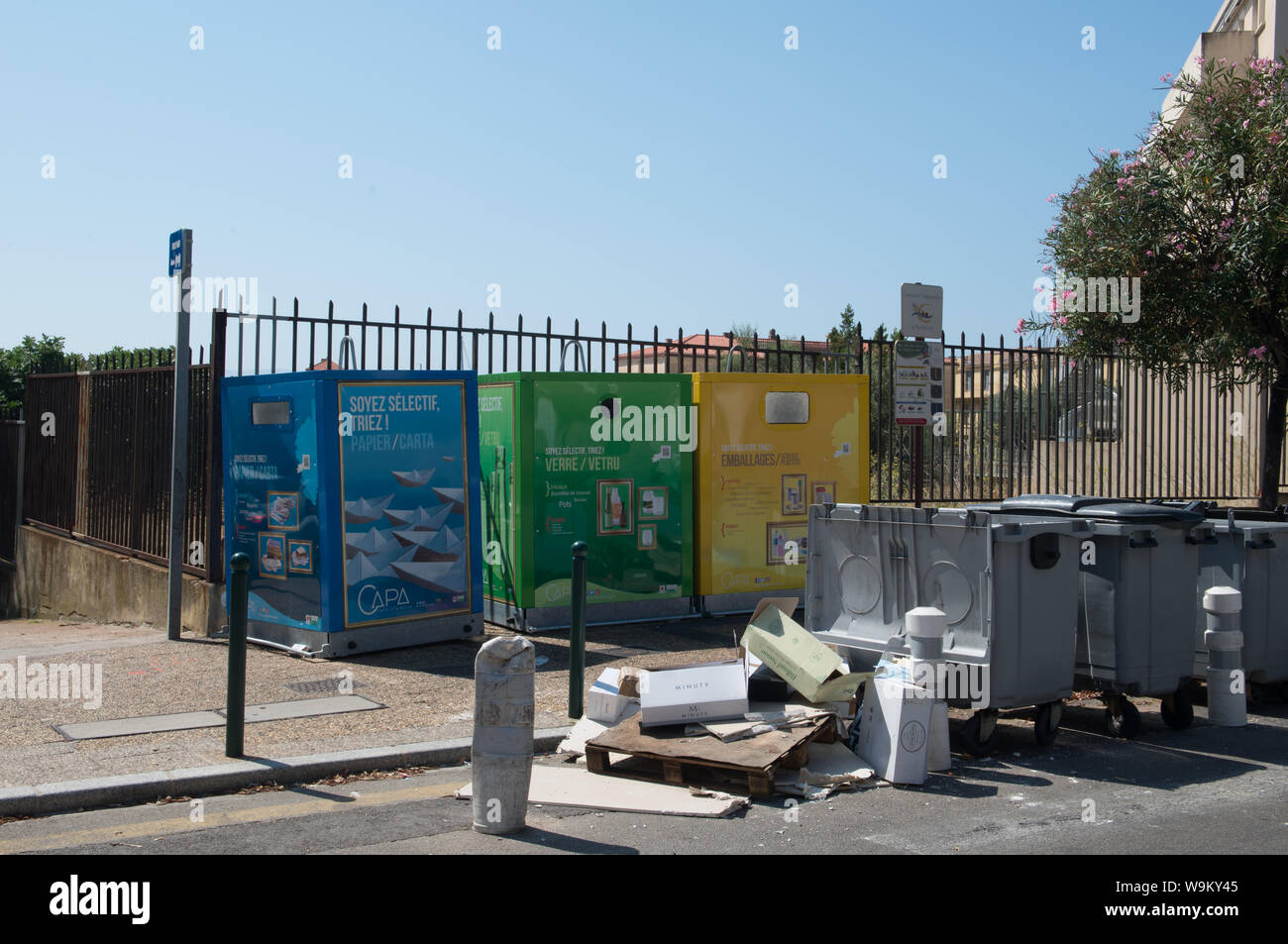 Ajaccio, corsica, 2019-08-France.. large coloured recycle street bins ...