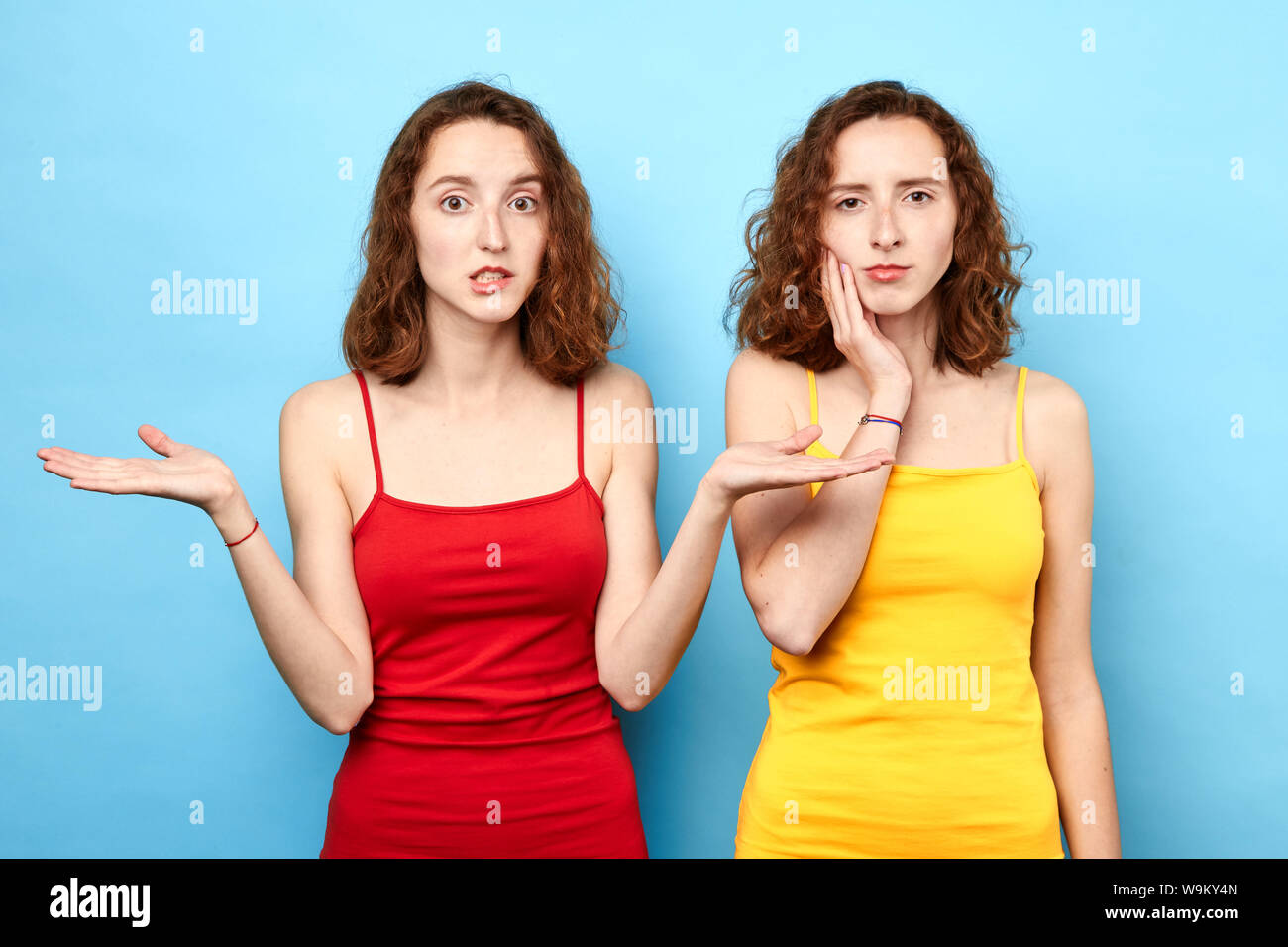 Beautiful young brown-haired twins confused and unable to explain and ...