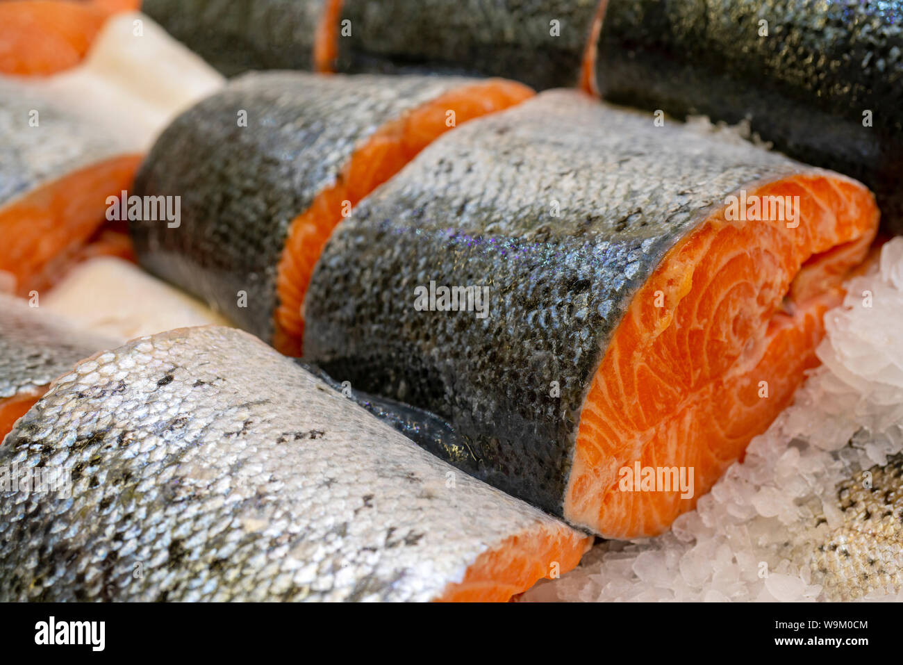 Salmon steak on counter ice in a supermarket Stock Photo - Alamy