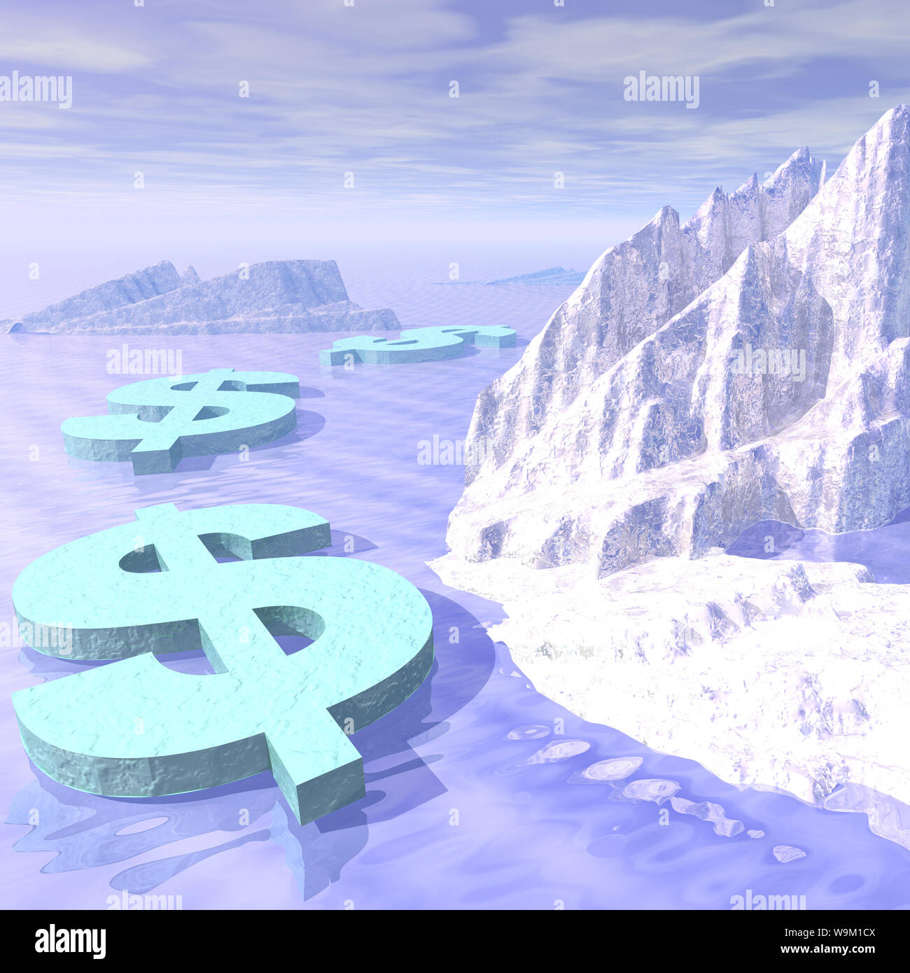 Illustration of frozen dollar signs in ocean with icebergs Stock Photo ...
