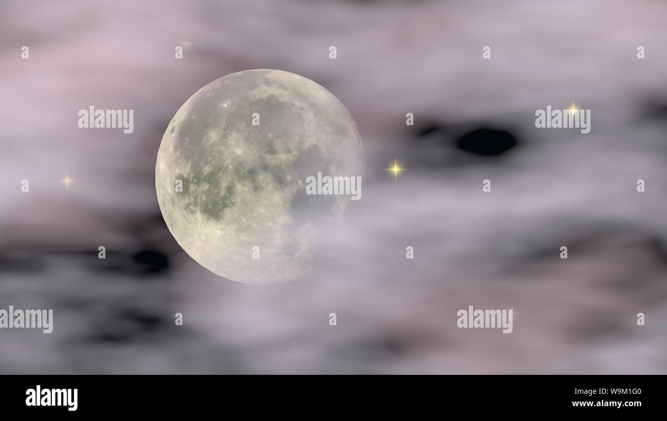 illustration of a full mon floating in a cloudy star lit sky Stock ...