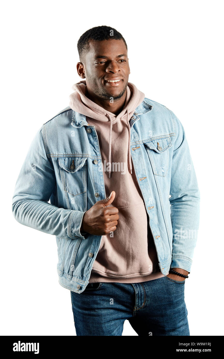 positive gorgeous macho model in trendy clothes expressing positive ...