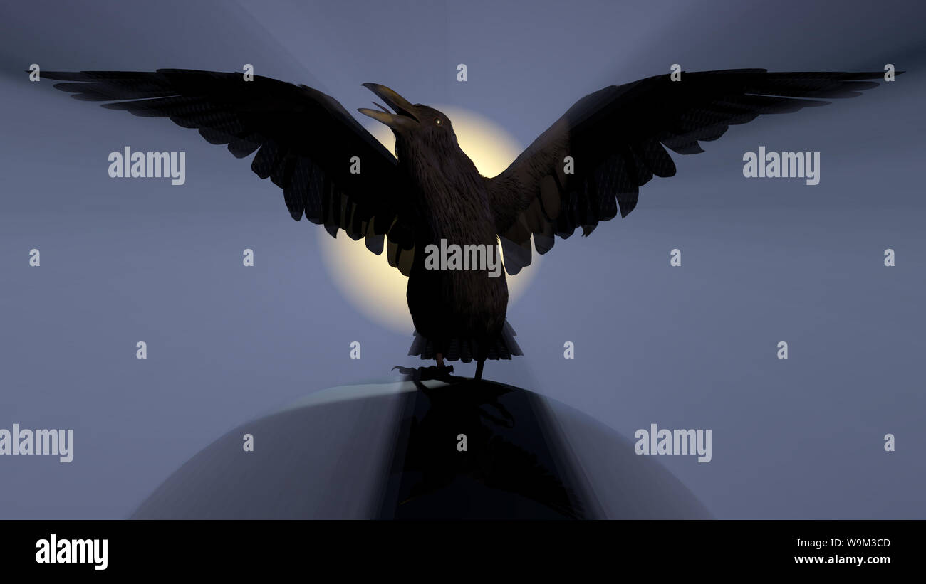 A raven with streaming light behind it and wings raised Stock Photo - Alamy