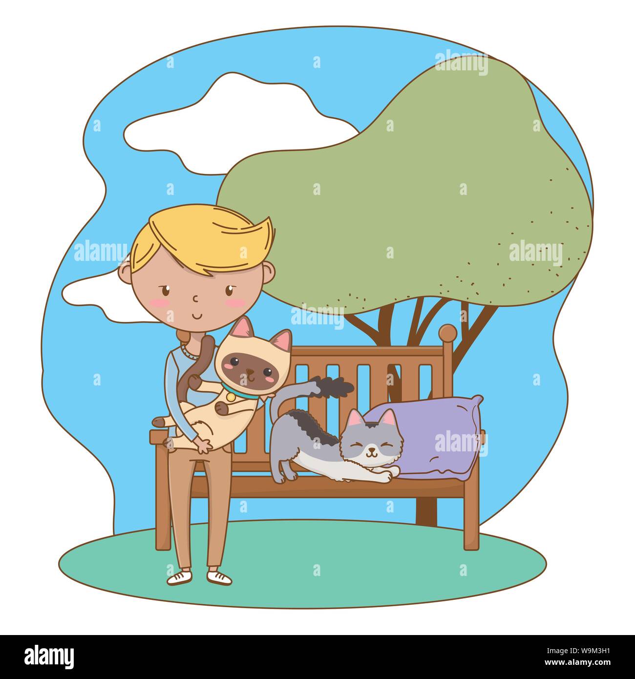 Boy with cats cartoons design, Mascot pet animal domestic cute life ...