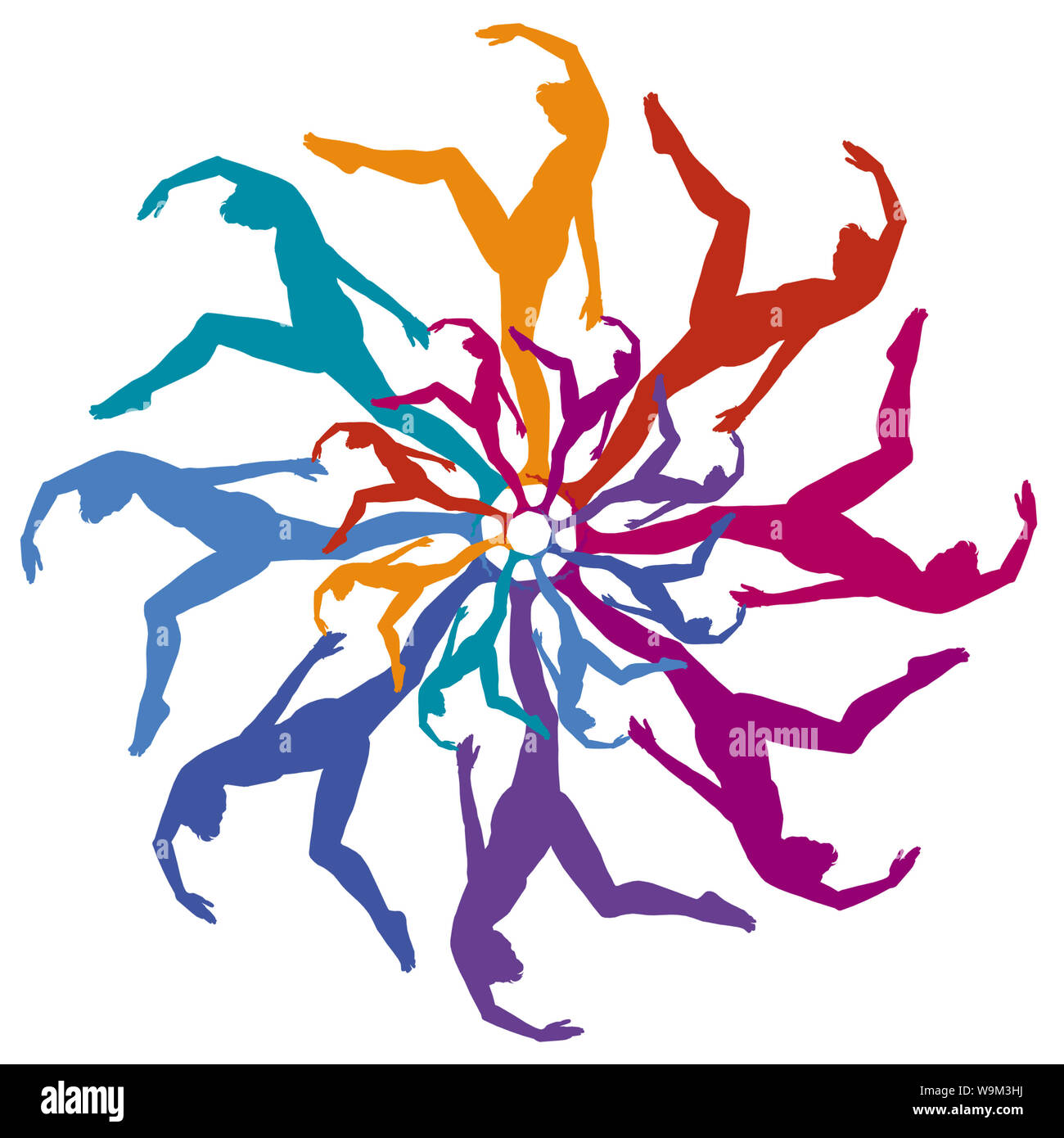 Illustration of a dancer silhouette in different colors repeated into ...