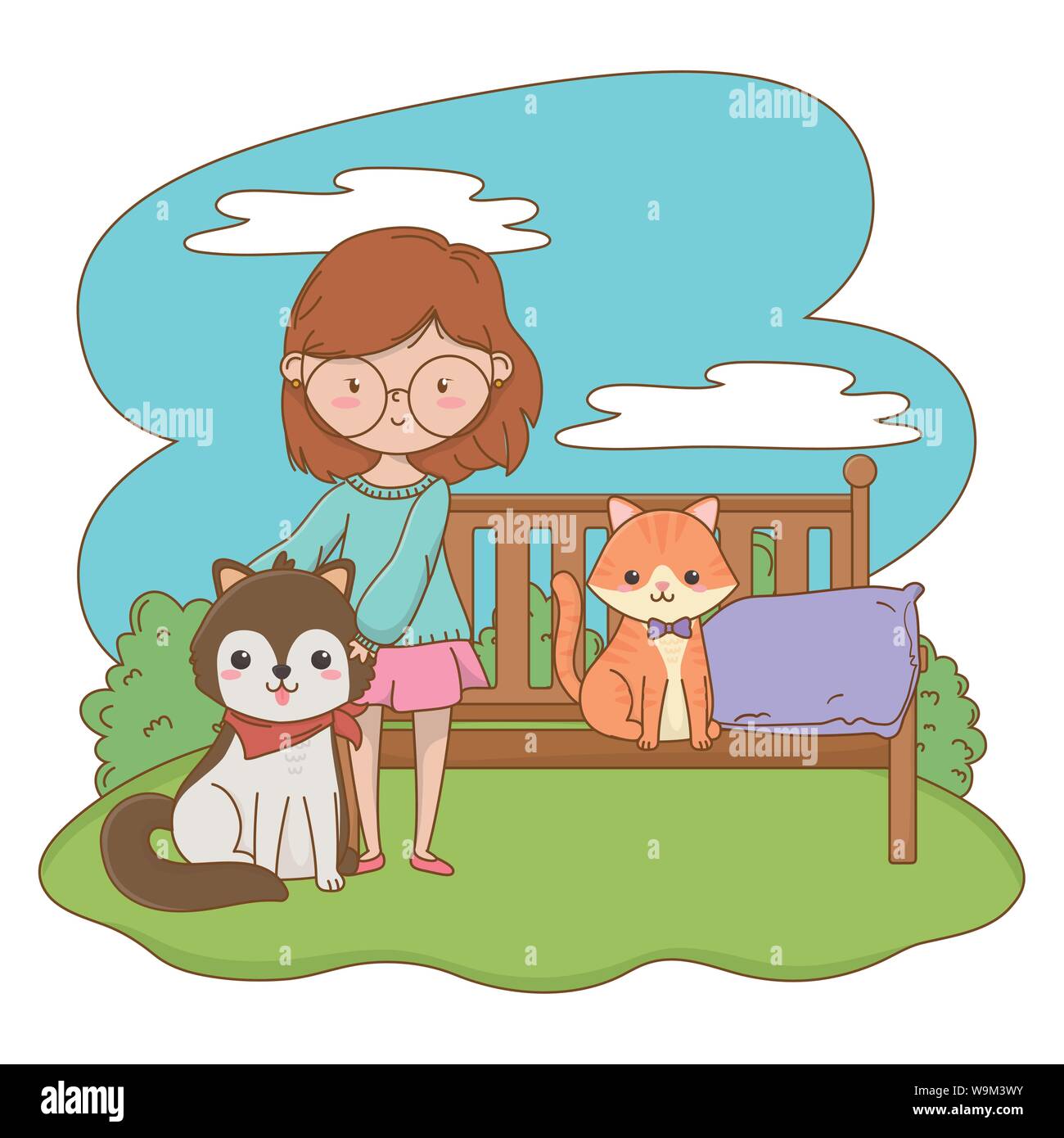 Girl with cat and dog cartoon design, Mascot pet animal domestic cute ...