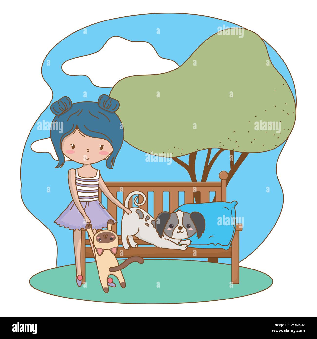 Girl with cat and dog cartoon design, Mascot pet animal domestic cute ...