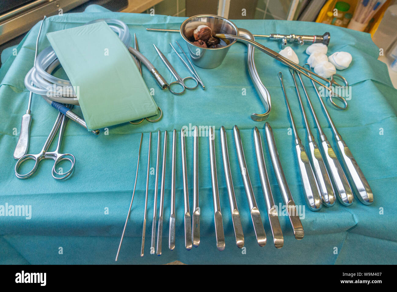 an Instrument table with instruments is prepared for a gynaecological ...