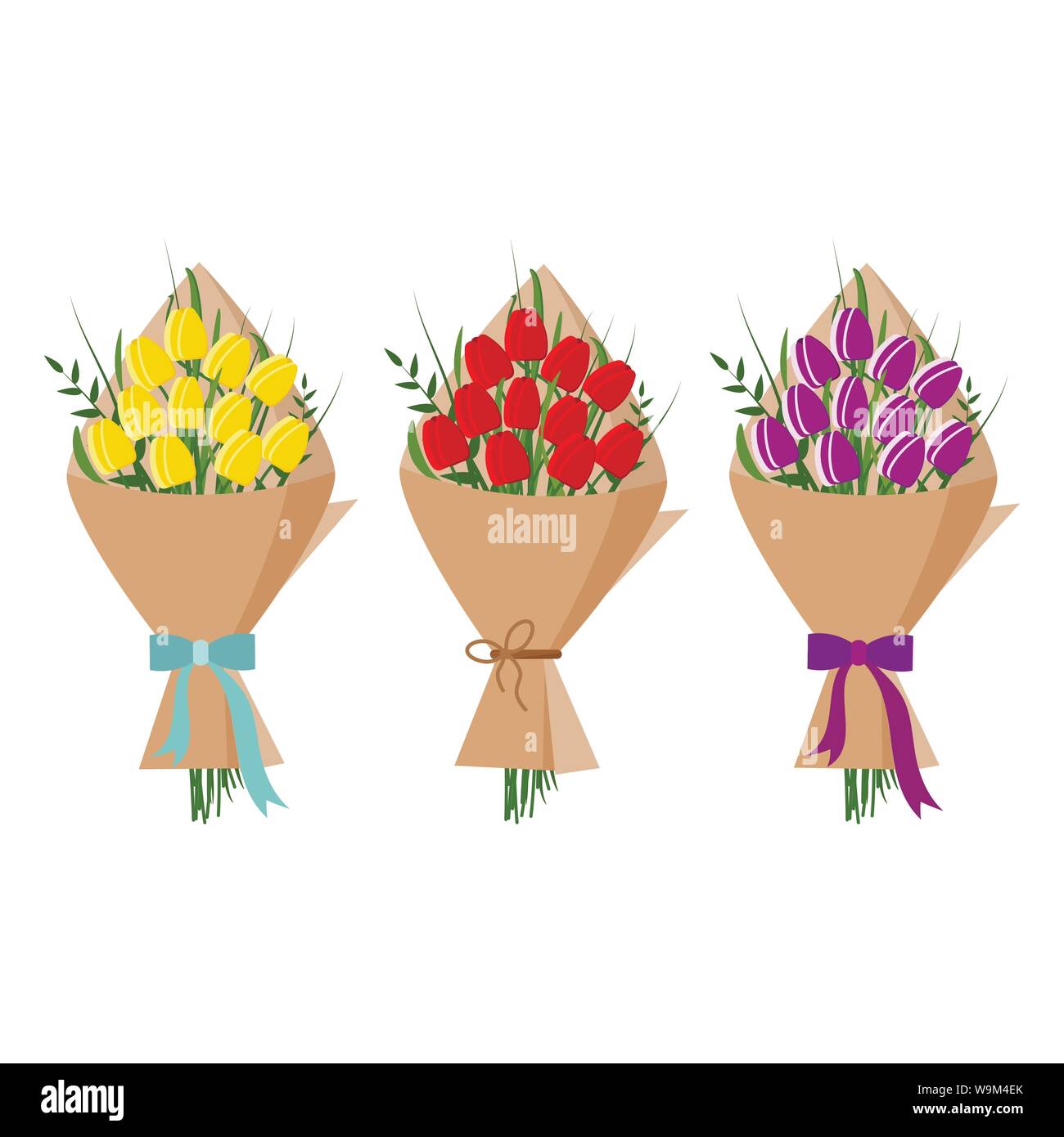 Set of beautiful bouquet of yellow, red, purple tulips in kraft paper ...