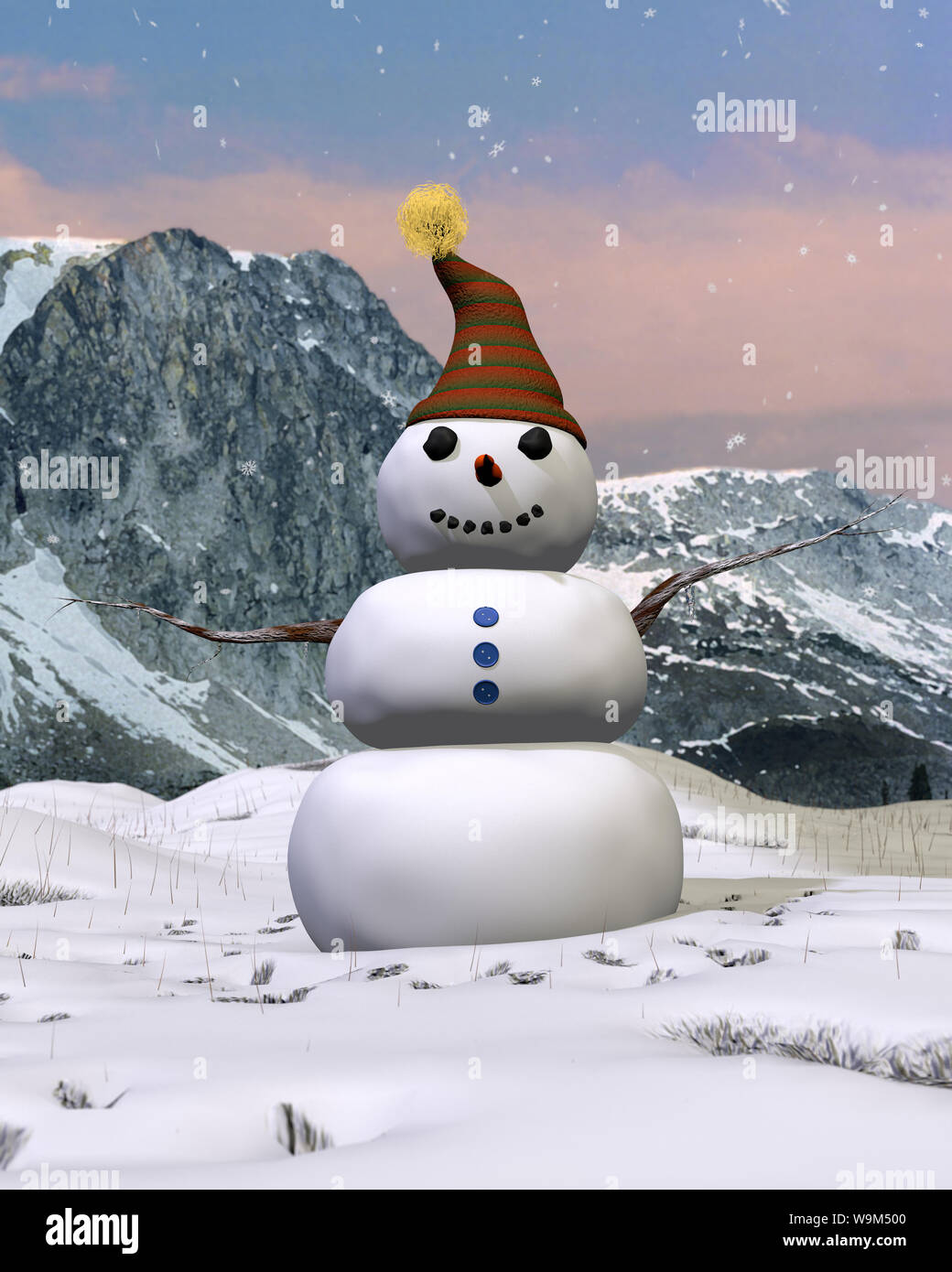 Illustration of a snowman with felt hat with a mountain scene behind ...