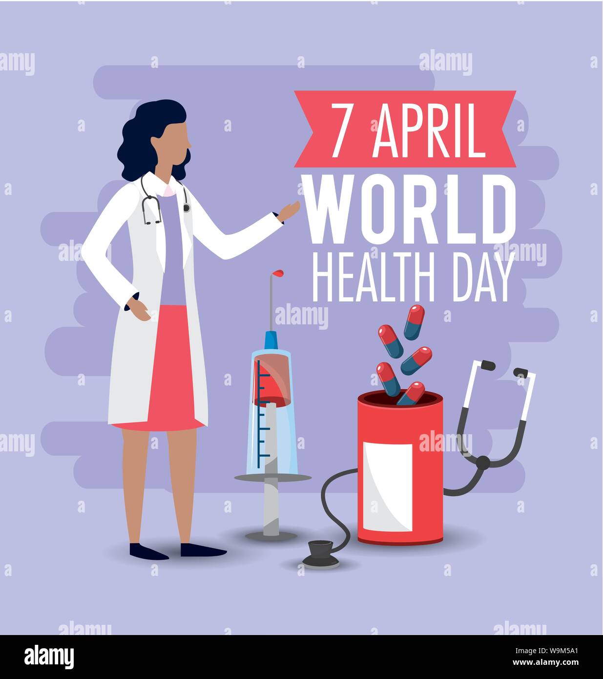 world health day with woman doctor and pills vector illustration Stock ...