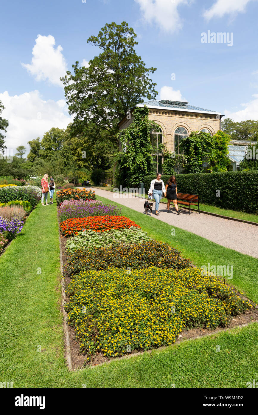 Lund Sweden; people looking at colourful flowers in the Lund Botanical ...