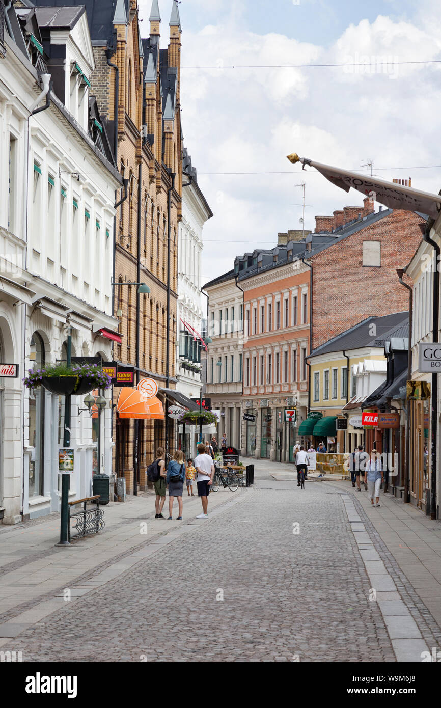 Sweden Lund; Street scene in the city centre, with cobbled street, Lund ...