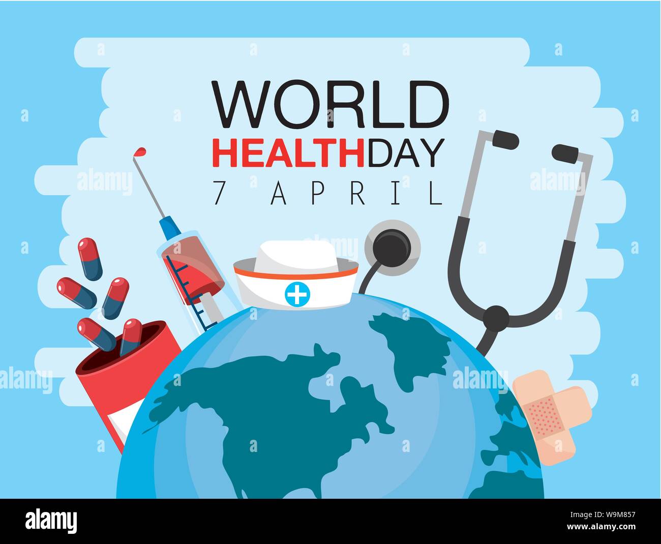 world health day with stethoscope and medicine vector illustration ...