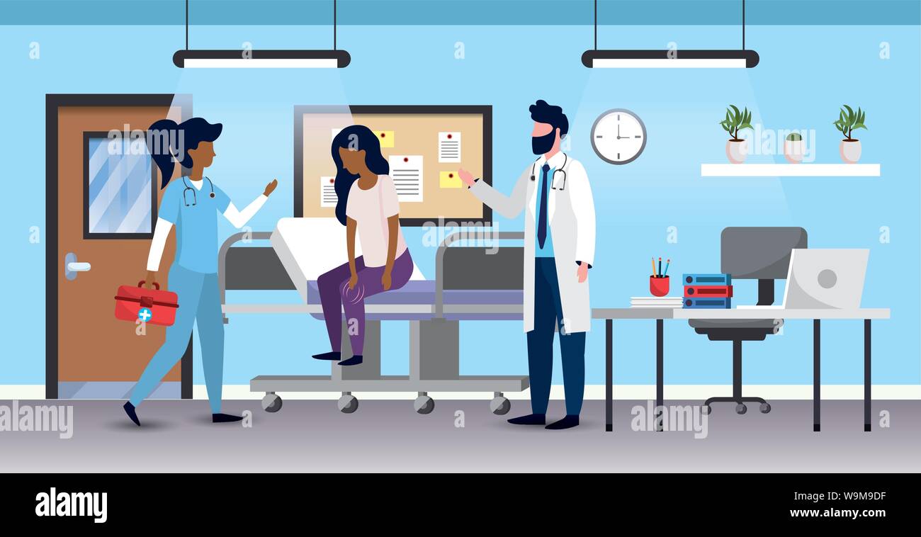 professional woman and man doctors with sick patient vector ...
