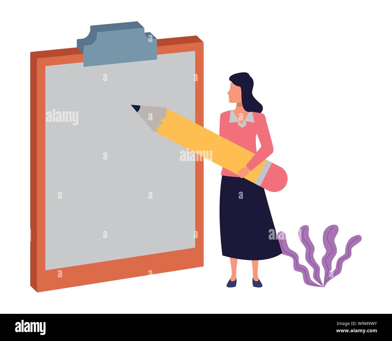 Executive businesswoman with big pencil writing on clipboard Stock ...