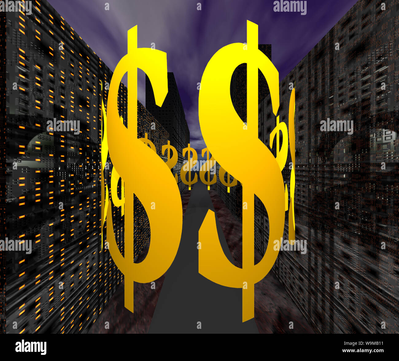 Illustration of dollar signs in building scene Stock Photo - Alamy
