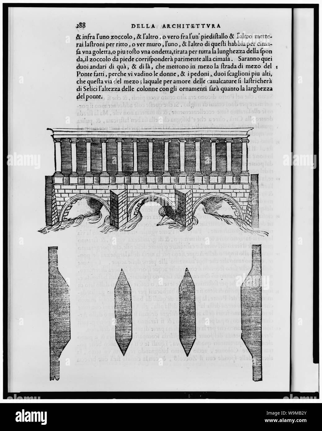 Architectural plan and elevation of a bridge showing piers, arches, and ...