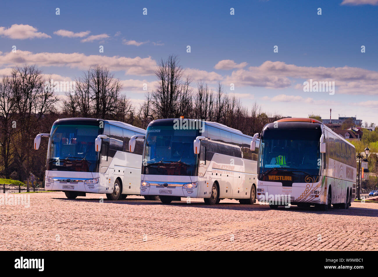 Tour buses parked at the Holy trinity Saint Sergius Lavra in Sergiev ...