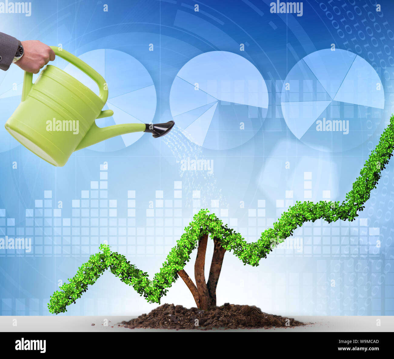 The businessman in investment concept watering financial line chart ...