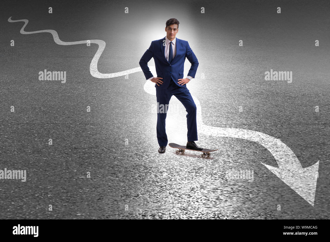 The businessman riding skateboard on financial graph Stock Photo - Alamy