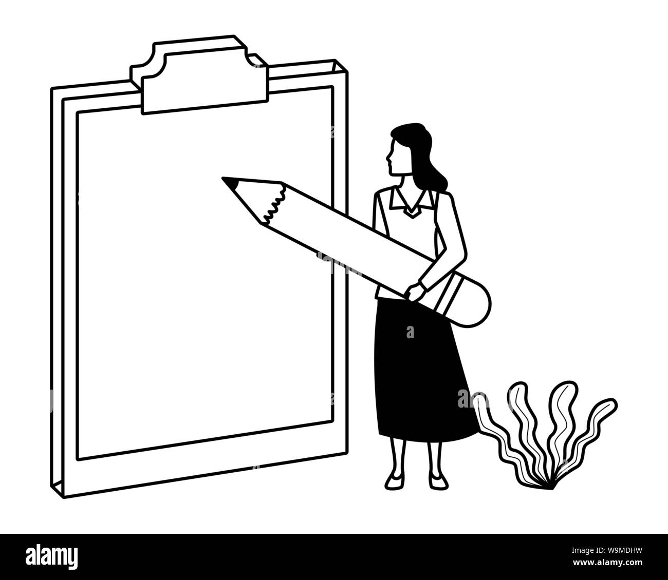 Executive businesswoman with big pencil writing on clipboard in black ...