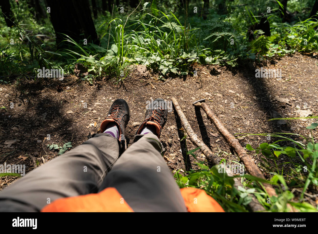 Legs in tracking sneakers and wooden hiking poles. Active and healthy ...