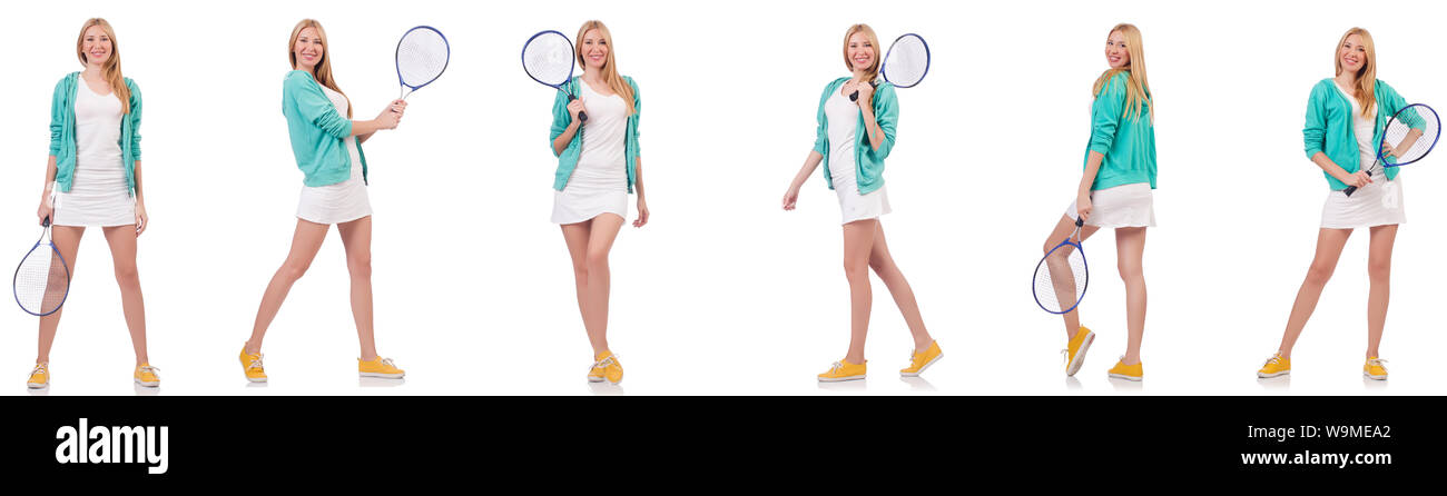 The young beautiful lady playing tennis isolated on white Stock Photo ...