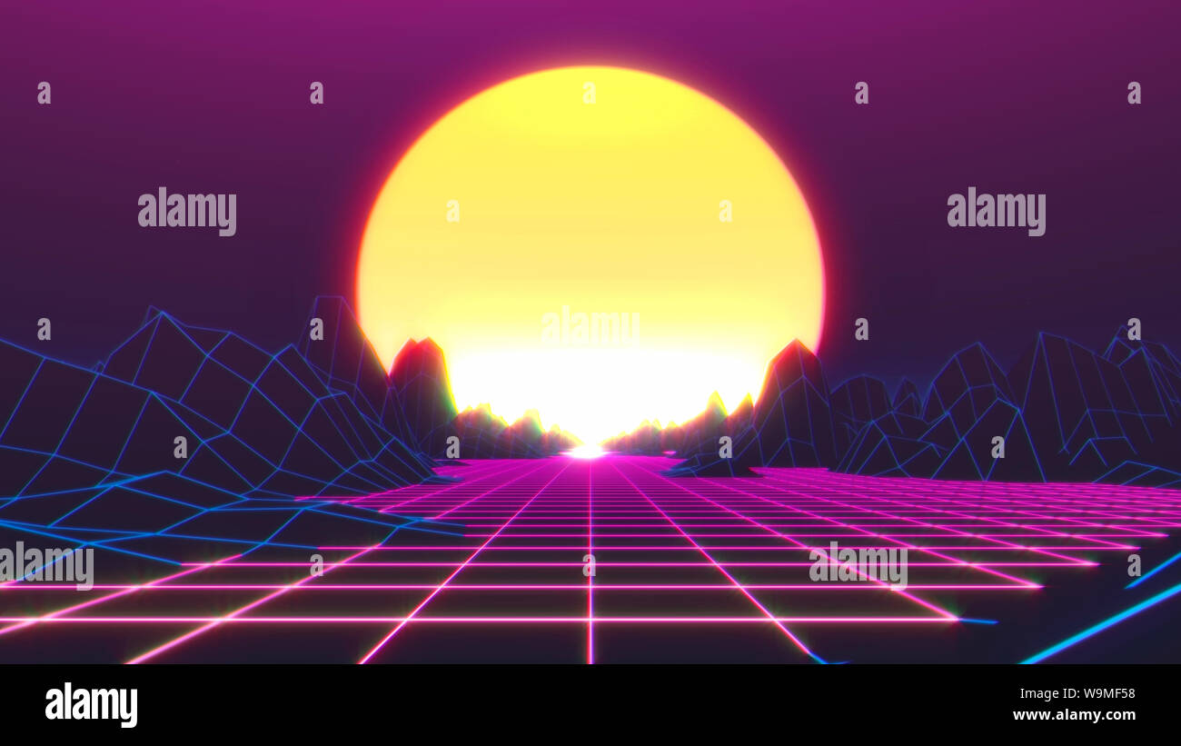 80s Retro Futurism Background with a sun. 3d illustration Stock Photo ...