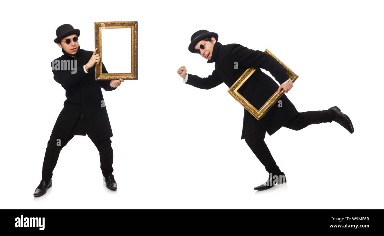 The young man holding frame isolated on white Stock Photo - Alamy