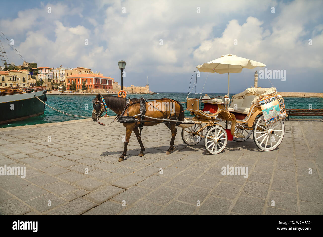 Tourist cart with a horse on the old promenade in Chania. Greece. Crete ...
