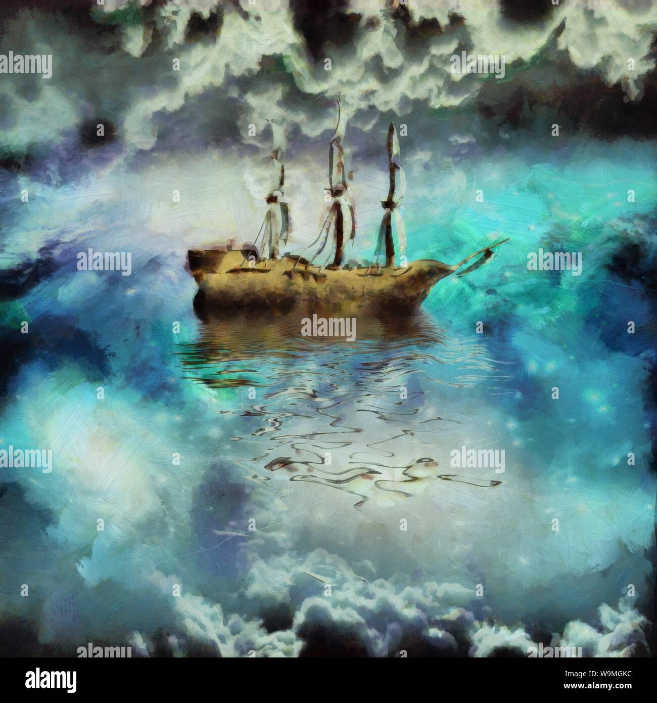 Surreal painting. Ancient ship in the sky ocean Stock Photo - Alamy
