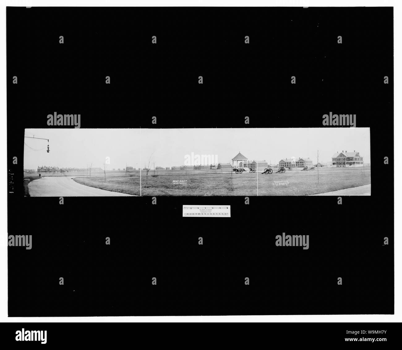 Army post, Ft. Des Moines; Cannons and gazebo in field surrounded by ...