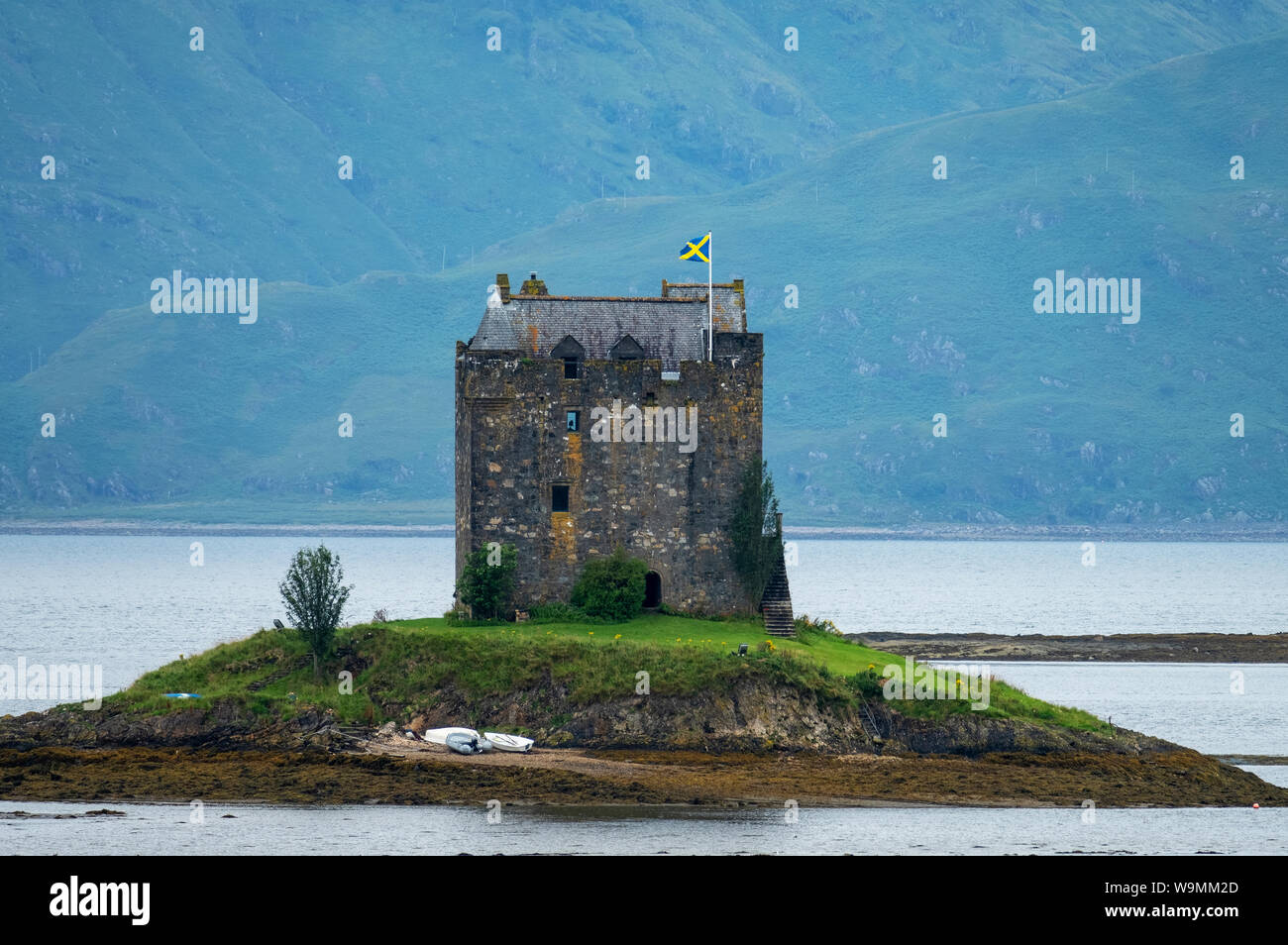 Castle Stalker pictured at low tide, the medieval tower house is built ...