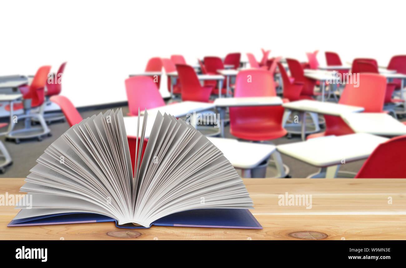 decoration of book with accessory and an empty classroom for education ...