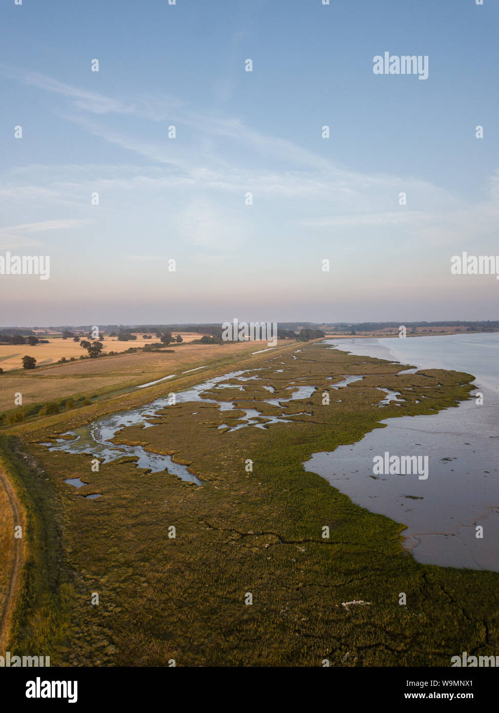 An aerial view of the River Deben and the surrounding marsh lands in ...