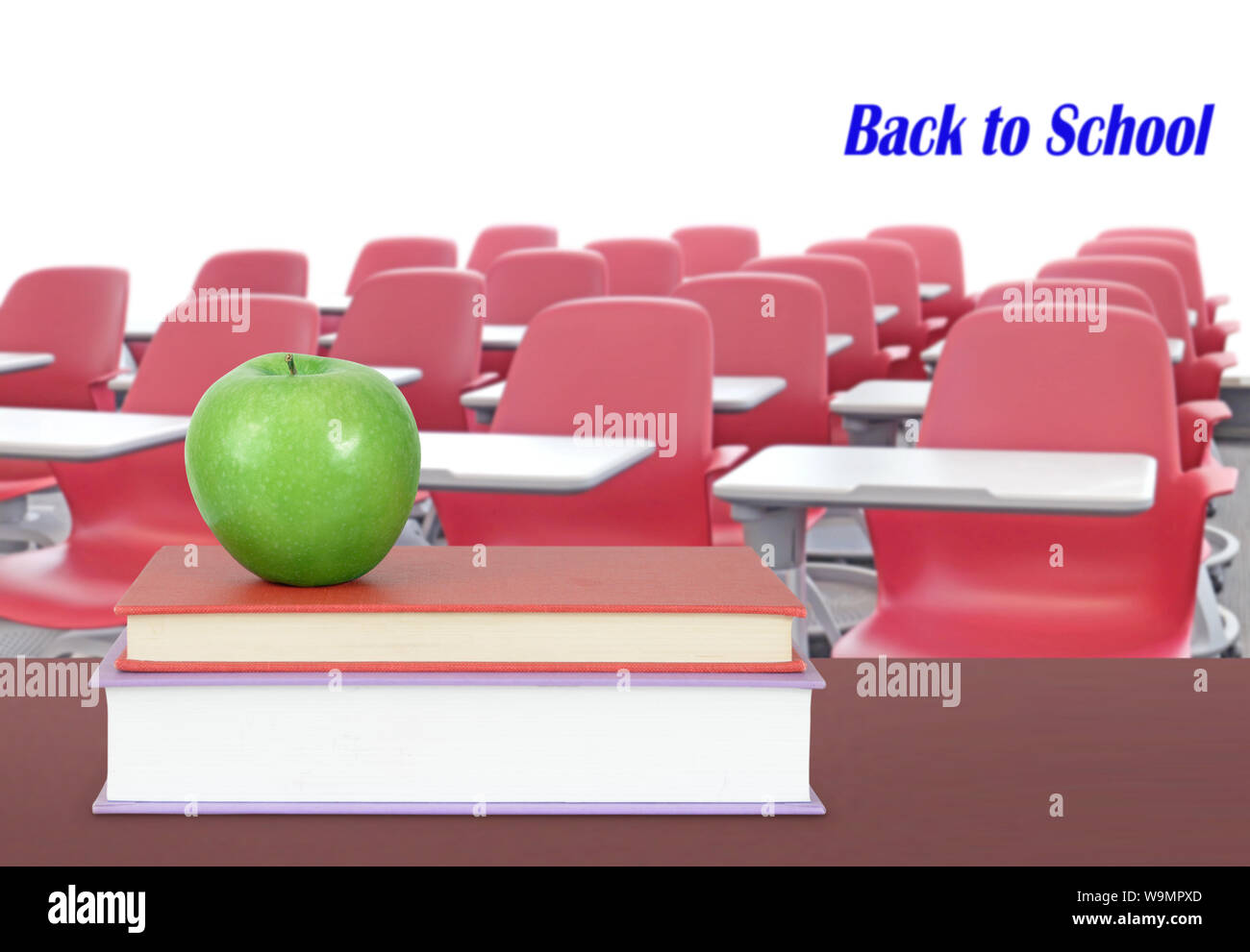 books and back to school concept in an empty classroom against white ...