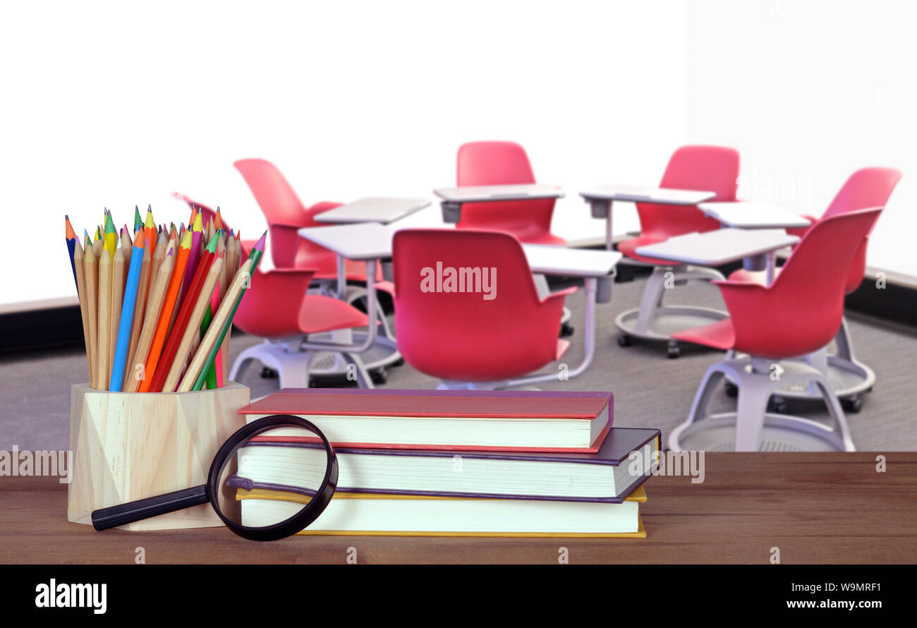 chair and table form in circle in empty classroom with book for ...