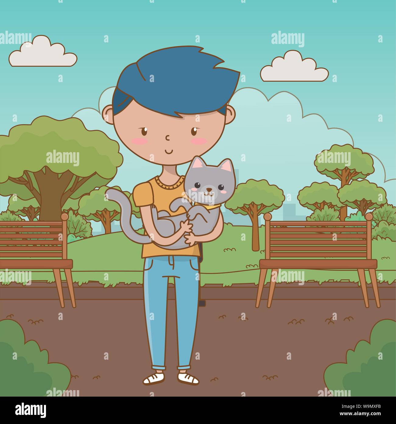 Boy with cat cartoon design, Mascot pet animal domestic cute life ...
