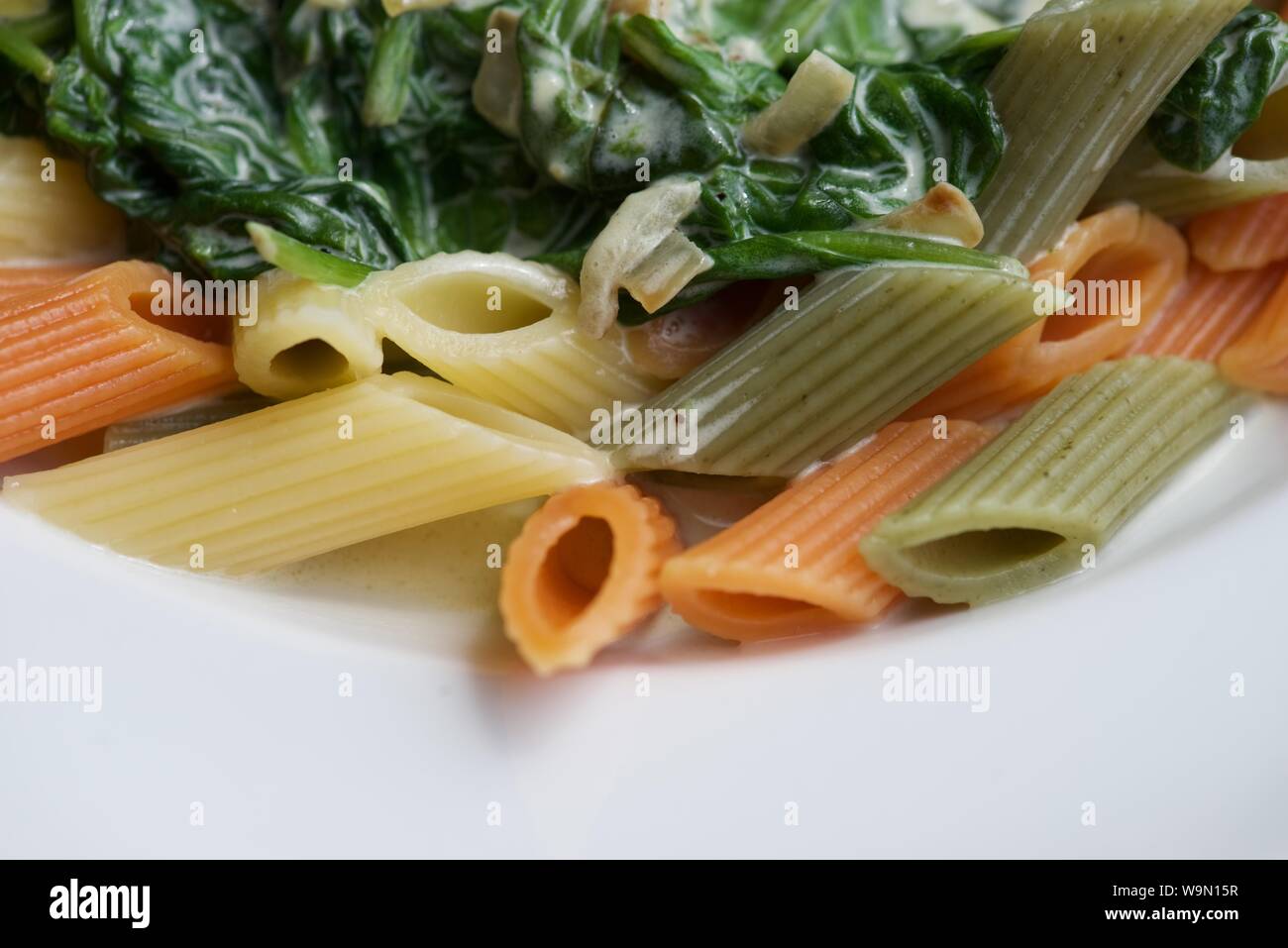 Pasta: penne tricolore served with spinach, chopped shallots and cream ...